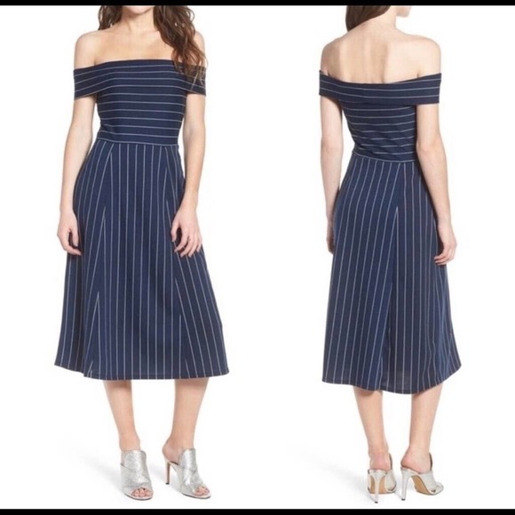 Wayf | Dresses | Wayf Women Sz S Dress Stripe Navy Blue Off Shoulder ...
